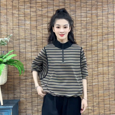 2025春秋新款韩版减龄宽松显瘦百搭套头时尚半拉链立领条纹卫衣女