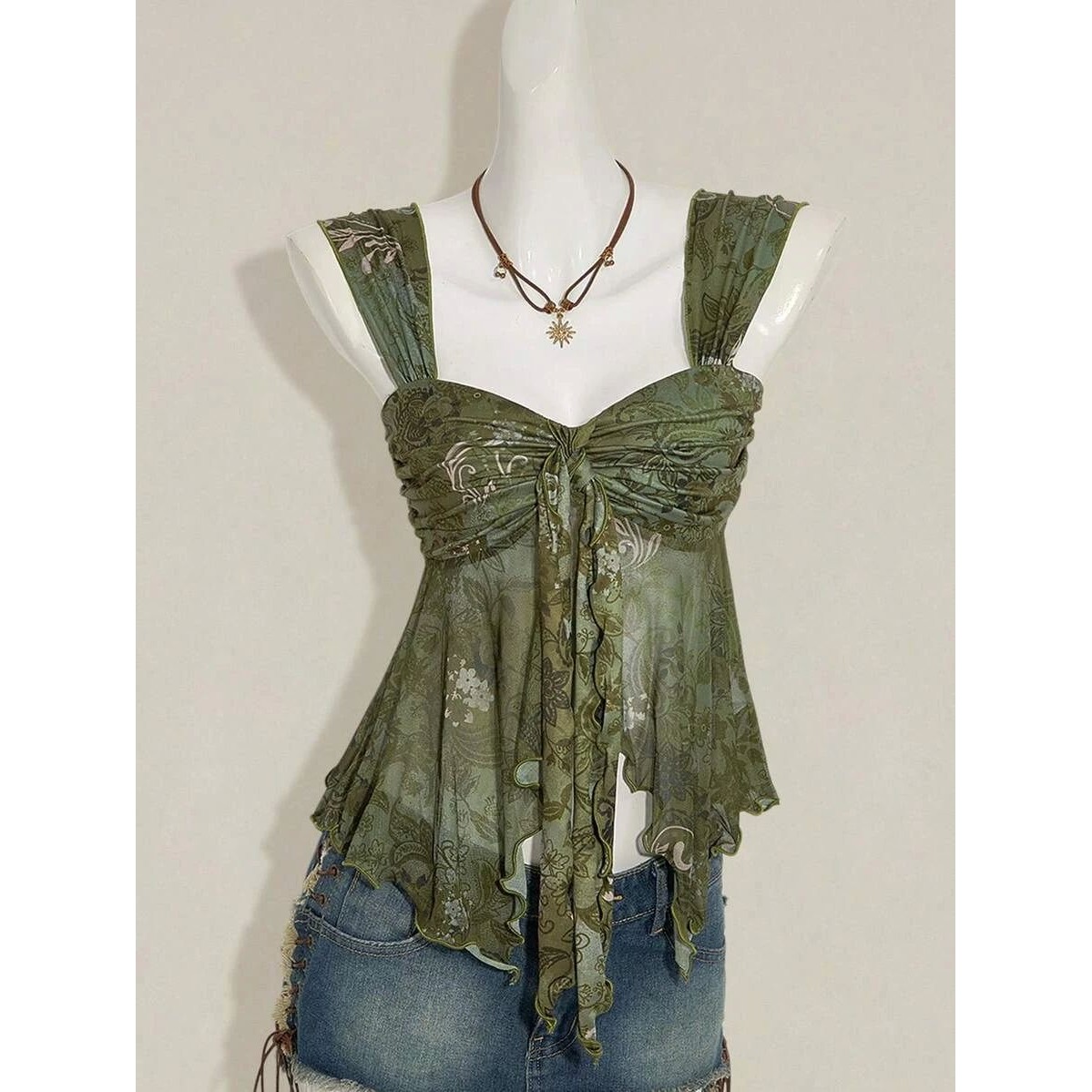 印花系带露背吊带背心女Printed lace up backless camisole vest