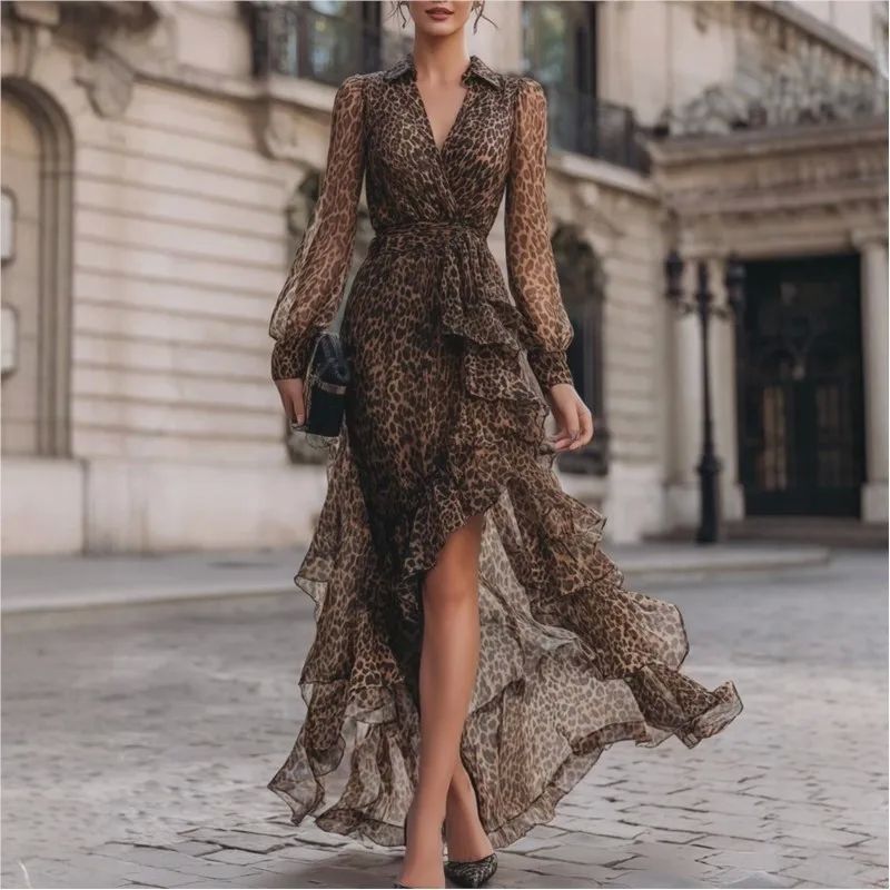 女士豹纹V领收腰荷叶边连衣裙Leopard print V-neck casual dress