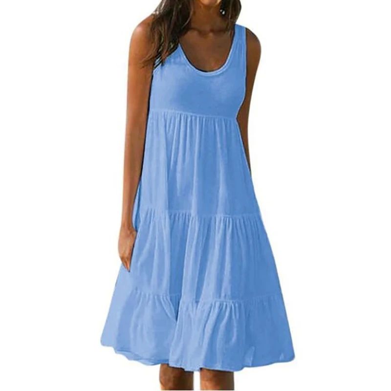 夏日清凉风无袖V领收腰分层裙简约气质连衣裙女Solid color dress