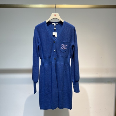 【歌】新品V领修身收腰气质宝石蓝连衣裙-341M009