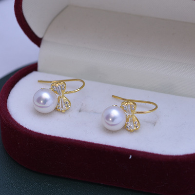 淡水珍珠AAAA强光7-8mm微瑕蝴蝶结S925银耳钩耳饰日常百搭女a2919