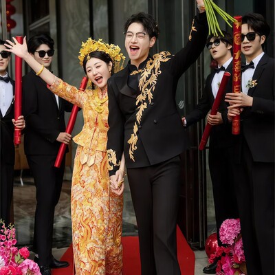 欢喜橙新中式2025高端盘扣刺绣西装男款套装商务订婚新郎结a4734