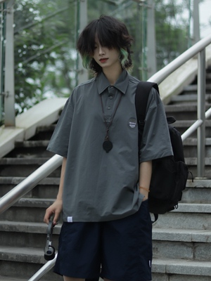 牧游昏昏夏季日系复古polo衫工装短袖衬衫宽松中性百搭半袖男女潮