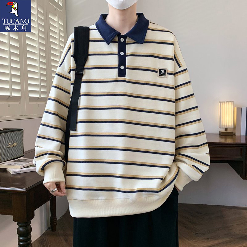 啄木鸟美式复古条纹翻领卫衣男士青少年宽松休闲长袖POLO衫上衣服