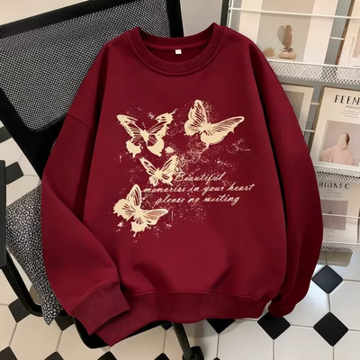 酒红色蝴蝶印花圆领卫衣男女秋冬