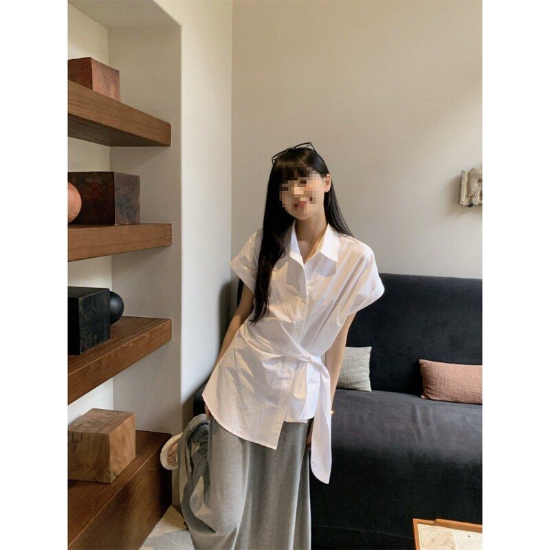 气质收腰绑带短袖POLO领衬衫女装2025夏季显瘦中长款法式白色上衣