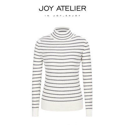 JOY1776 月桂花环 澳洲美莉诺超细羊毛黑白条纹中领长袖针织上衣