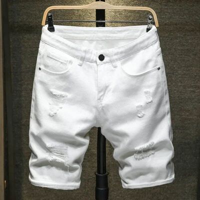 New White Jeans Shorts Men Fashion Ripped Knee Length Pants