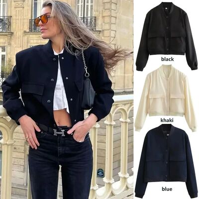 1PCS Woman Bomber Jacket Coat White Autumn Winter Button Bas