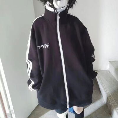 Women Harajuku Japanese Print Zip Up Jacket Stand Collar Str