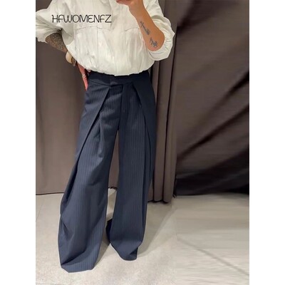 Casual Striped Loose Pants Women High Waist Pleated Straight