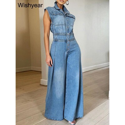 Vintage Loose Denim Wide Leg Pants Jumpsuit Women Pocket Sle
