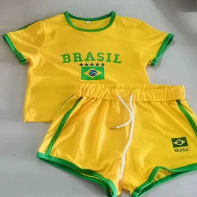 2000s Aesthetic BRASIL Letter Print T-Shirt Shorts Suit Wome