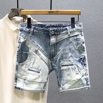 American Retro Ripped Denim Shorts Men's Summer New Stitchin