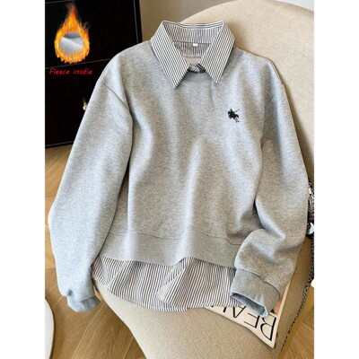 Women's Autumn Winter Fleece Lined Casual Sweatshirt Embroid