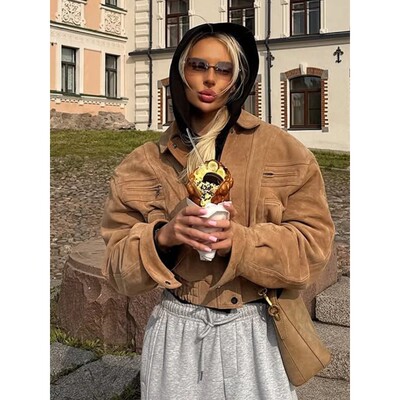 Fashion Brown Short Suede Jacket Women Chic Lapel Long Sleev