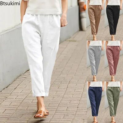 Spring Summer Women's Cotton Linen Trousers Pants Solid Elas