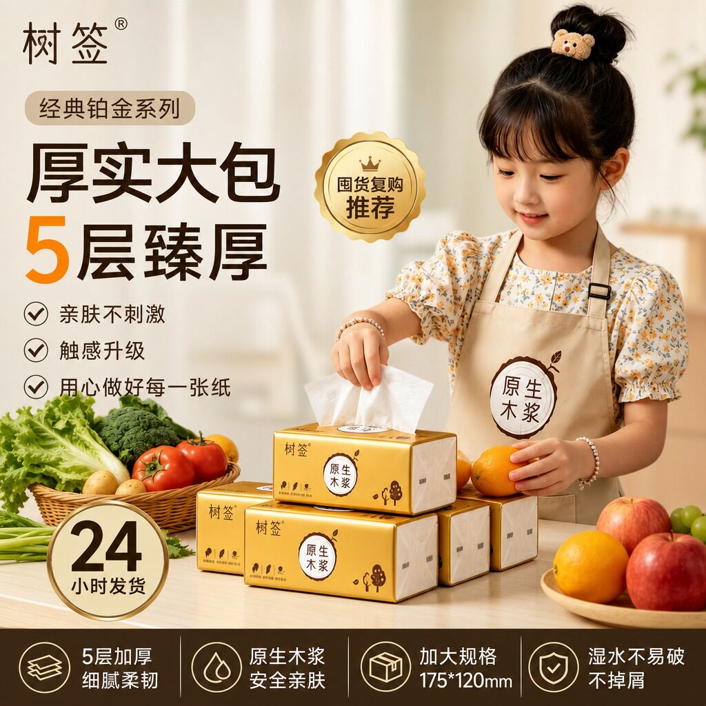 【五层柔厚】树签大包原木擦手家用餐桌露营办公餐饮实惠装1包