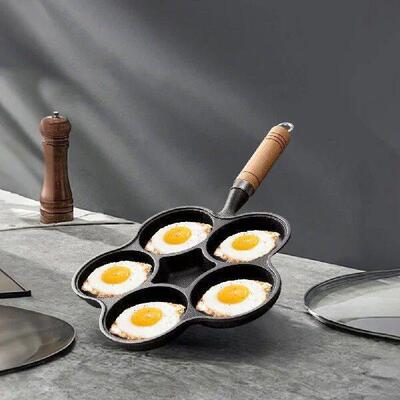 5 Round Holes Cast Iron Egg Burger Ham Pan Cookware Pancake