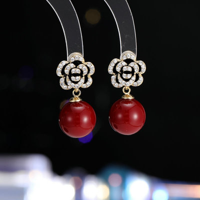 s925银针山茶花珍珠耳环天美气质安可拉红复古感花朵秋冬耳饰