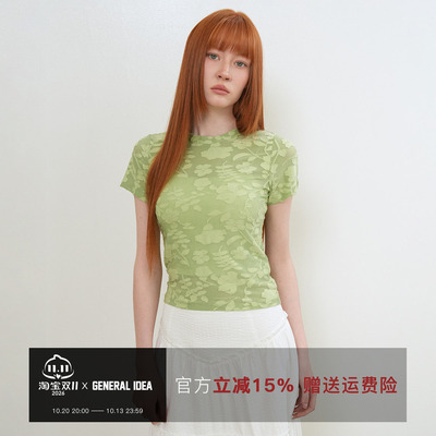 【现】GENERAL IDEA 韩国正品呢花卉混纺收腰修身短袖T恤