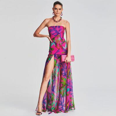 Women's Tube Top DressStrapless Backless Mesh Patchwork Trop