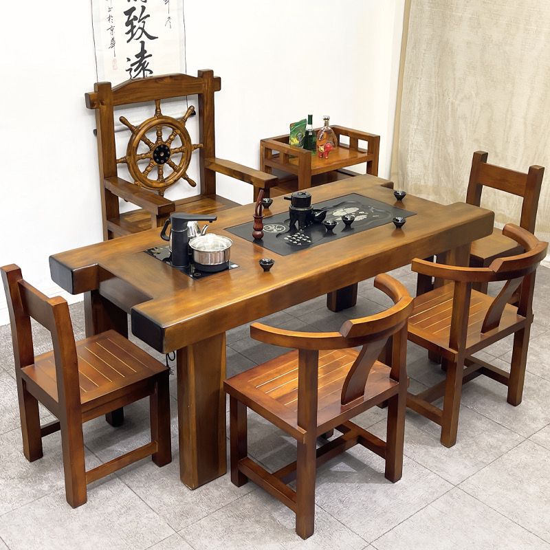 老船木茶桌椅组合循环流水养鱼茶台禅意功夫茶几一体方形家用现代