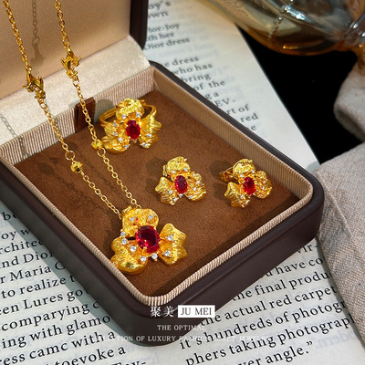 高级感越南沙金千金风点钻拉丝三瓣花仿真金色戒指项链耳钉三件套