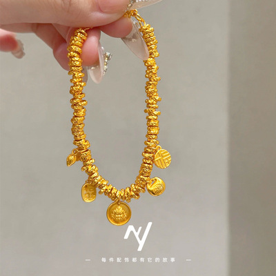 黄财神越南沙金999轻奢气质盘缠手链仿真金色胖福吞金兽编织手绳