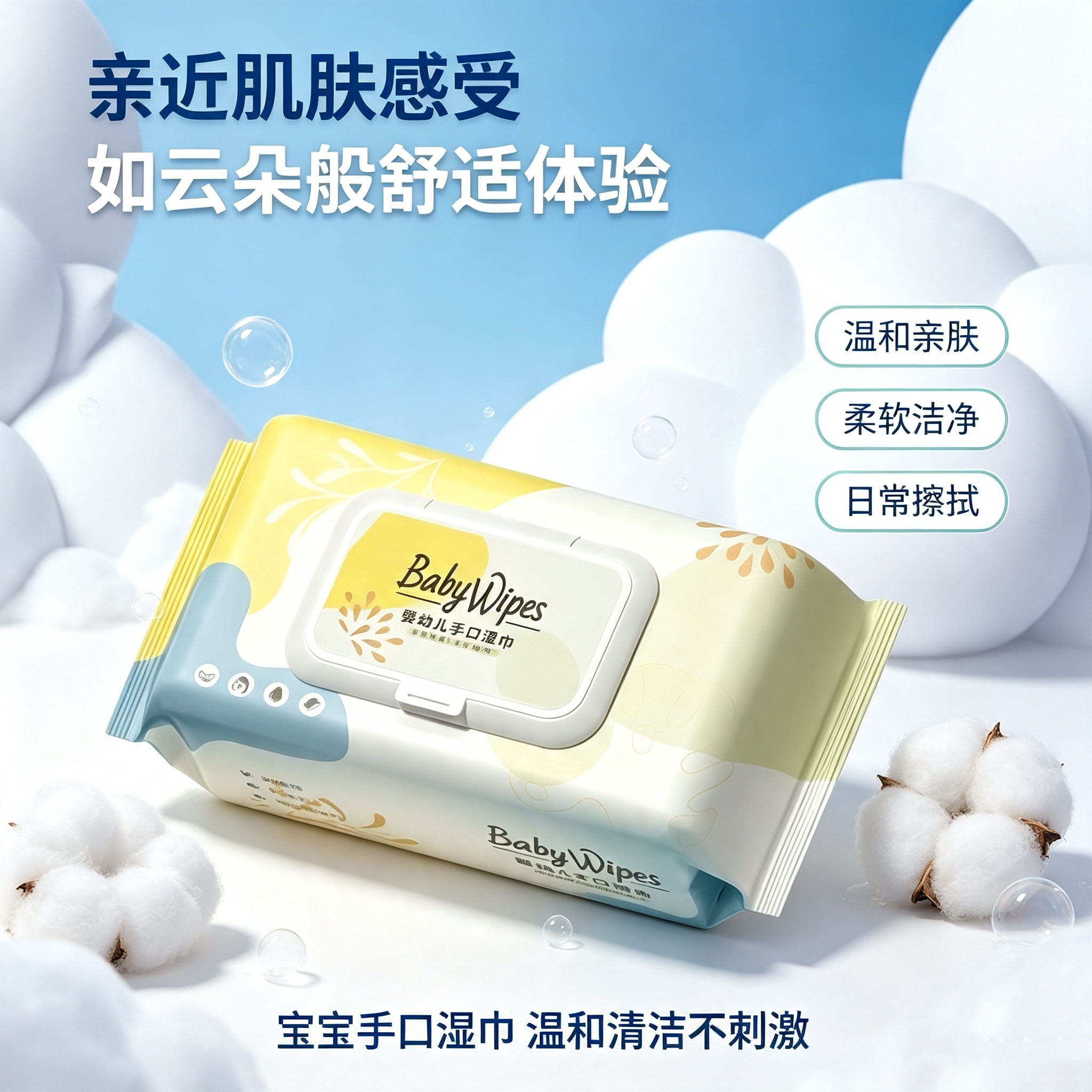 黄绿密封翻盖安柔湿巾宝宝擦手擦嘴儿童居家加厚干湿两用清洁纸巾