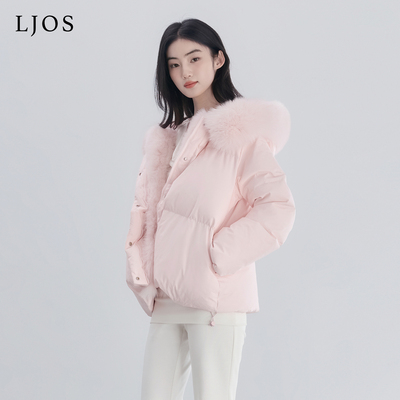 LJOS蔷薇粉色狐狸毛拼接高克重羽绒服白鸭绒秋冬毛领短款外套保暖