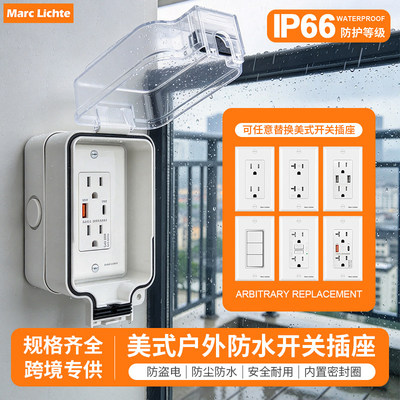 IP66户外防水盒美式GFCI开关插座15A美标6孔USB快充36W20Wtype-c