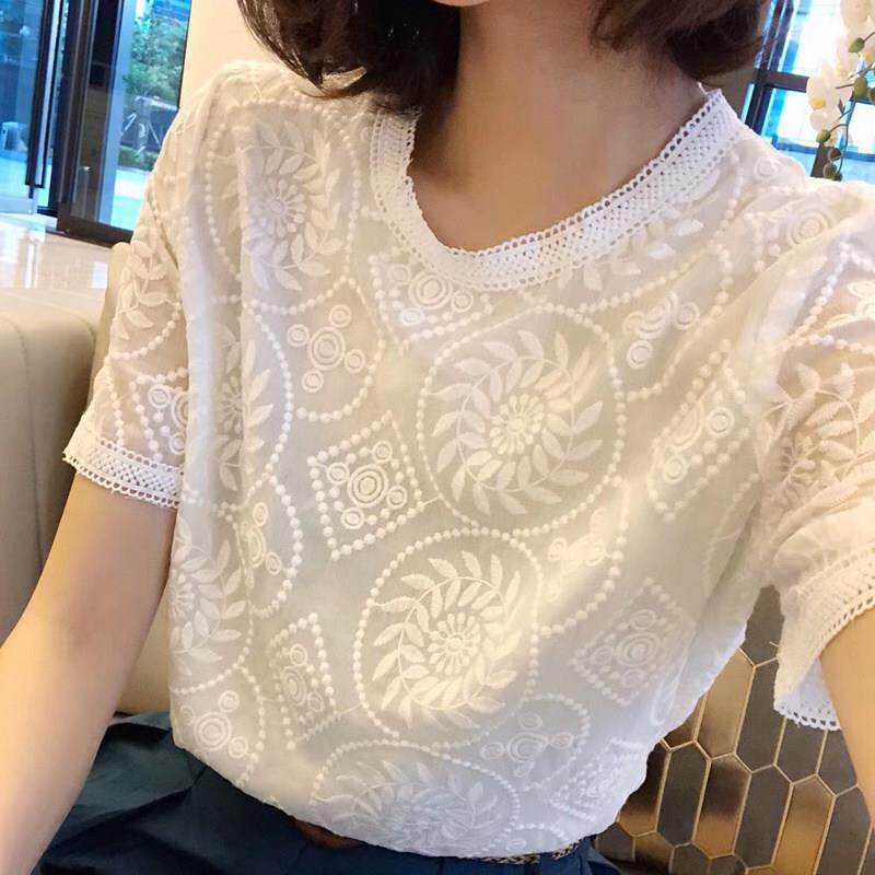 香港254599026年夏季新款版百0圆领韩短袖T恤搭雪纺衫女刺绣蕾丝