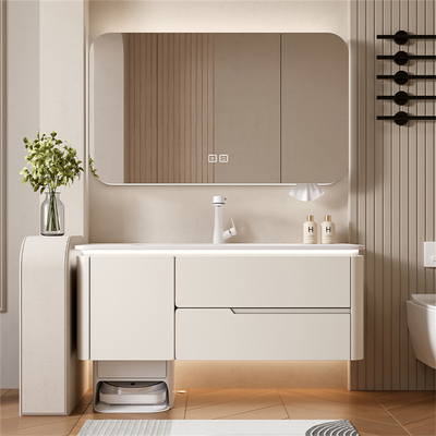 新款奶油风浴室柜组合扫地机器人基站卫生间洗漱台陶瓷一体盆浴柜