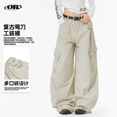 OREETA美式复古多口袋弯刀工装裤男女oversize痞帅潮牌阔腿长裤子