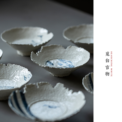 粉引手绘复古青花无相残破边壶承