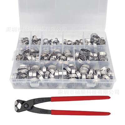 跨境200pcs盒装 304不锈钢单耳无极卡箍5.8-21mm套装配球笼卡箍钳