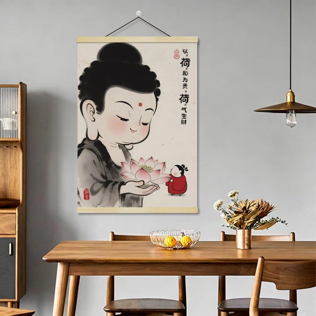 弥勒佛治愈系禅意励志水墨画装饰挂画挂图挂布书房客厅壁画卷轴画