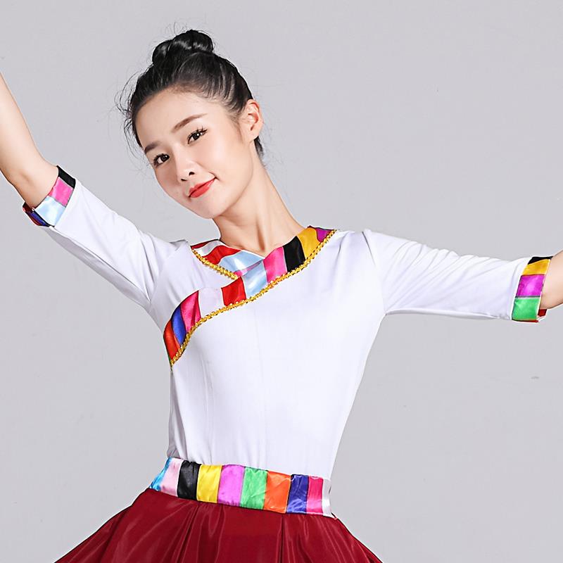 藏族表演服装女上衣春秋广场舞服装团体比赛服装藏族上衣练功服装