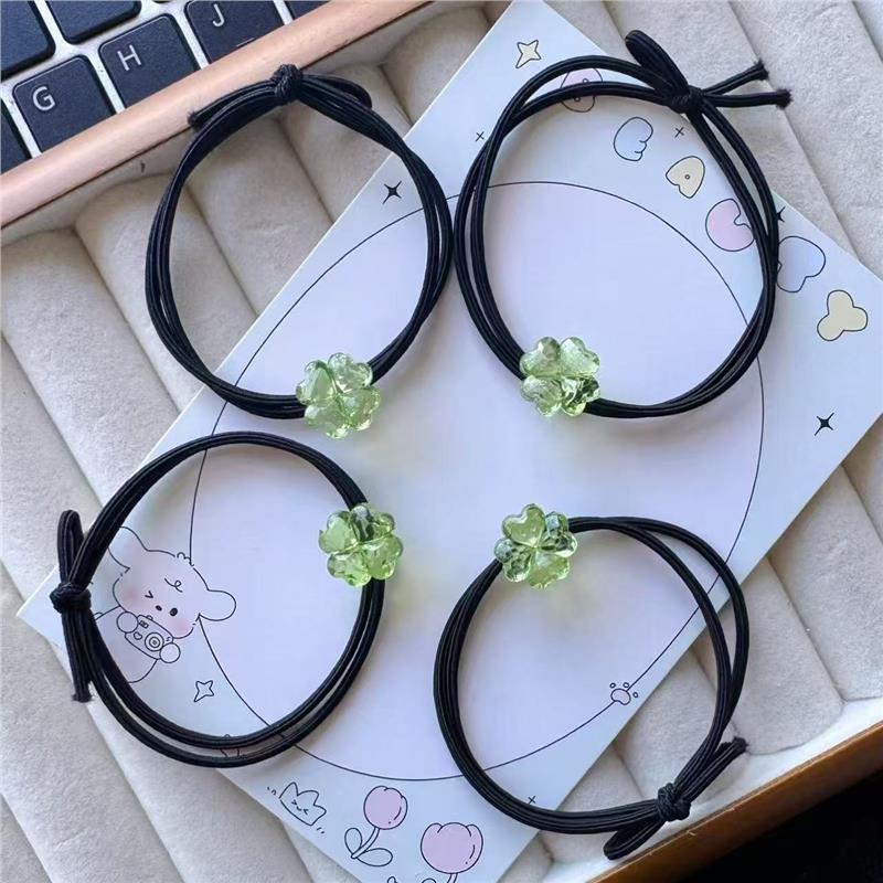 幸运四叶草绿水晶发绳黑皮筋少女清新扎发百搭头饰