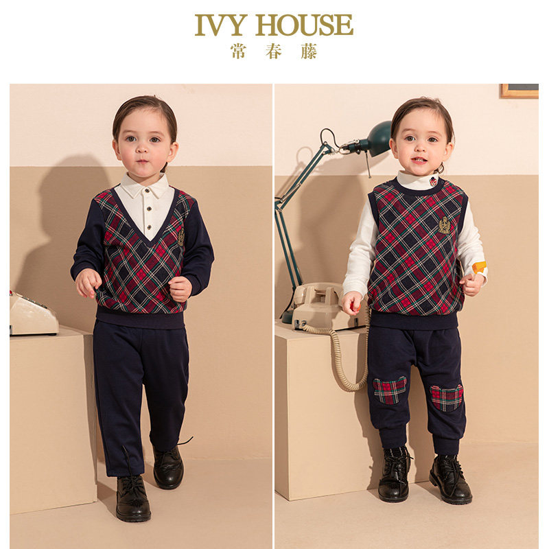 IVY HOUSE常春藤儿童装男童秋季款 小童针织格纹套装英伦上衣裤子
