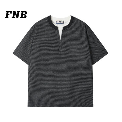 FNB2026夏季美式休闲假两件亨利领短袖T恤男女款条纹简约百搭上衣