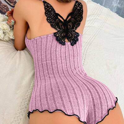Women Sexy Slim One Pajamas Comfortable Striped Bow Lace