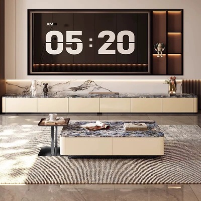 现代简约奢石岩板落地茶几电视柜组合客厅家用轻奢马鞍皮加长地柜