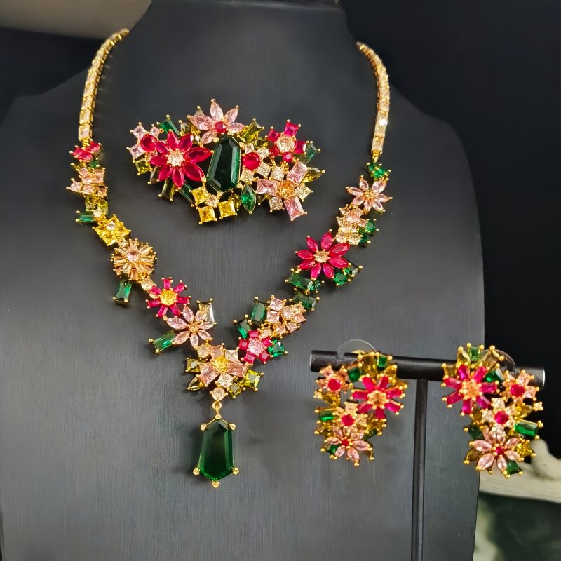 中古vintage复古宫廷风花朵彩宝三件套立体花卉项链耳钉胸针配饰