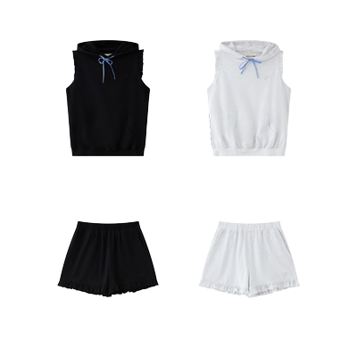 demi et demi刺绣花边袖笼无袖背心连帽卫衣短裤