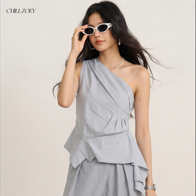 CHILLZOEY不对称斜肩上衣阔腿裤