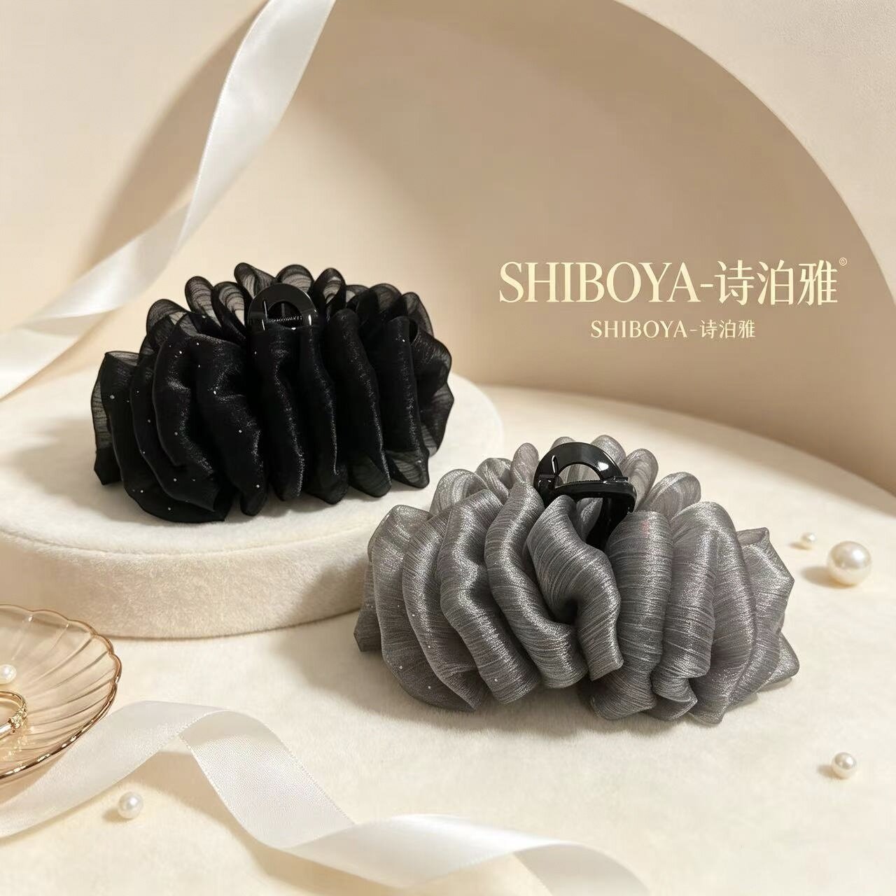 诗泊雅 原创10瓣满天星泡泡纱抓夹 轻奢欧根纱水钻蓬松鲨鱼夹