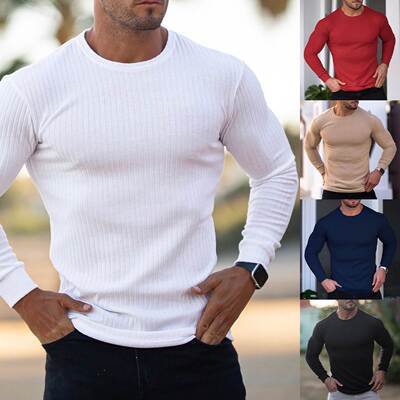 Men's&nbsp;T-shirt 欧美男士运动健身休闲立领弹力竖条圆领